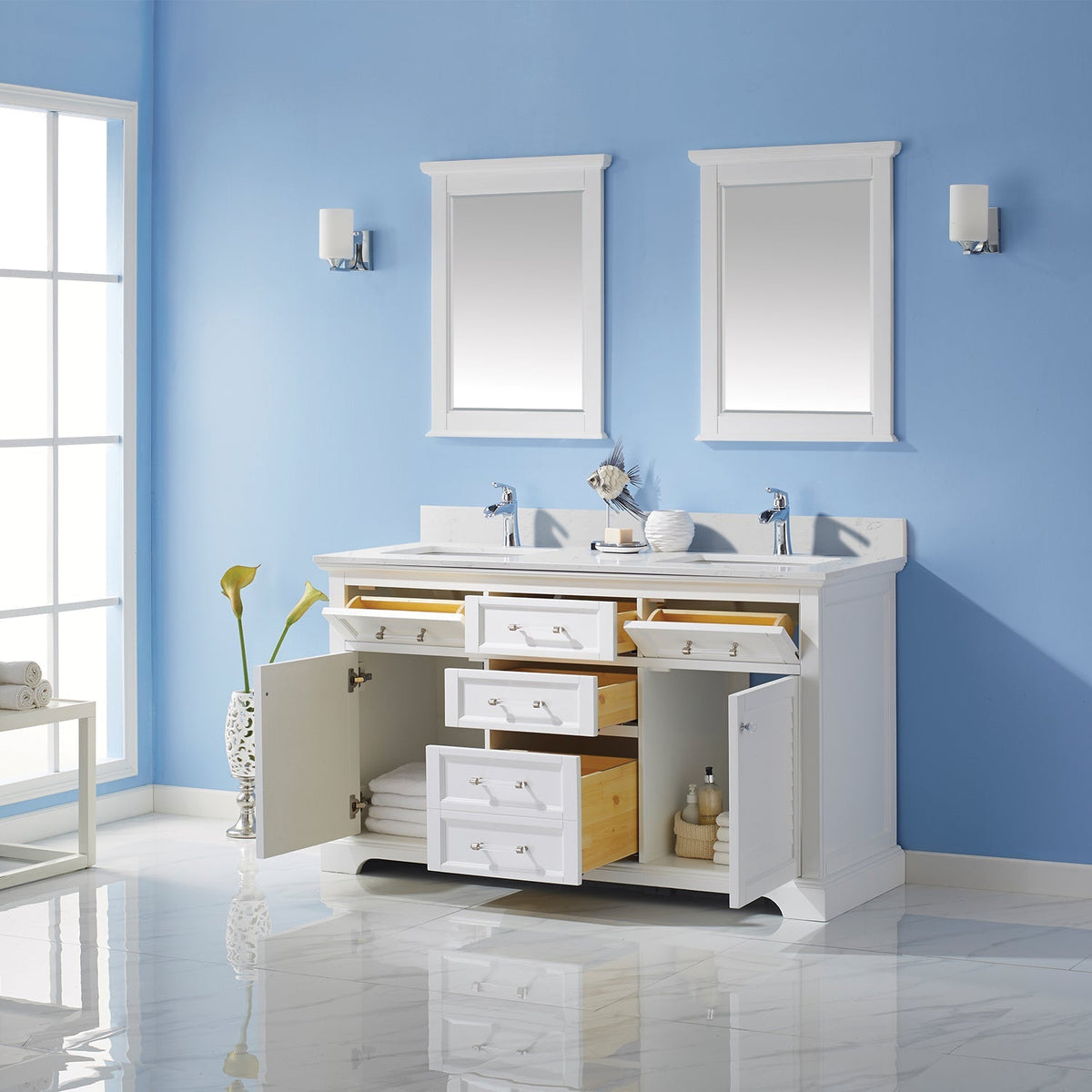 Vinnova Lorna 60" Double Vanity in Finnish Green and Composite Carrara